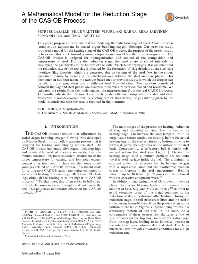 A Mathematical Model For The Reduction Stage of The CAS-OB Process ...