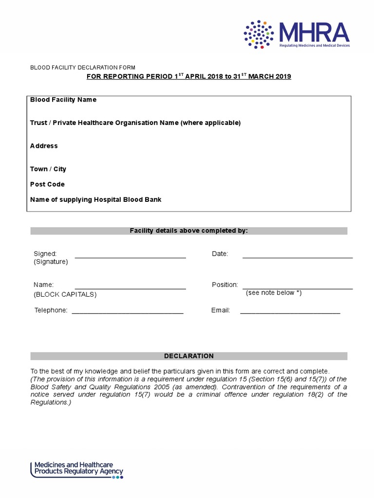 Blood Facility Declaration Form 2019 | PDF | Biomedical Engineering ...
