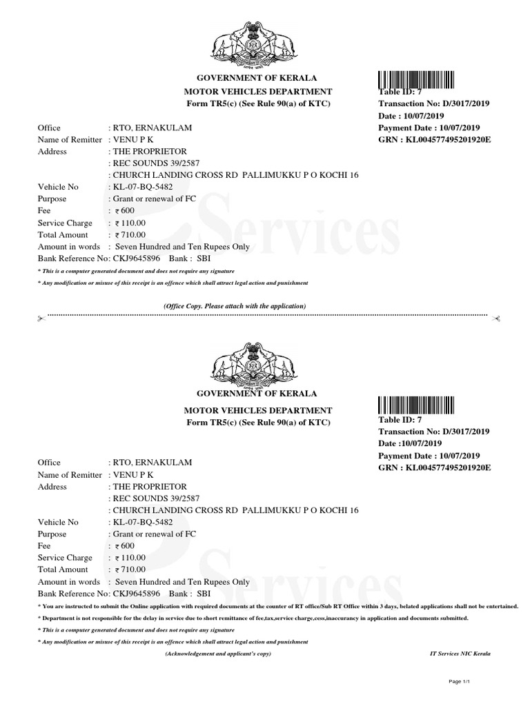 Kerala RTO FC Renewal Receipt | PDF | Fee | Receipt