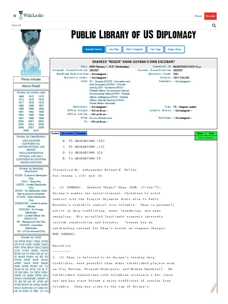 Wikileaks SHAHEED "ROGER" KHAN: GUYANA'S OWN ESCOBAR? | PDF ...