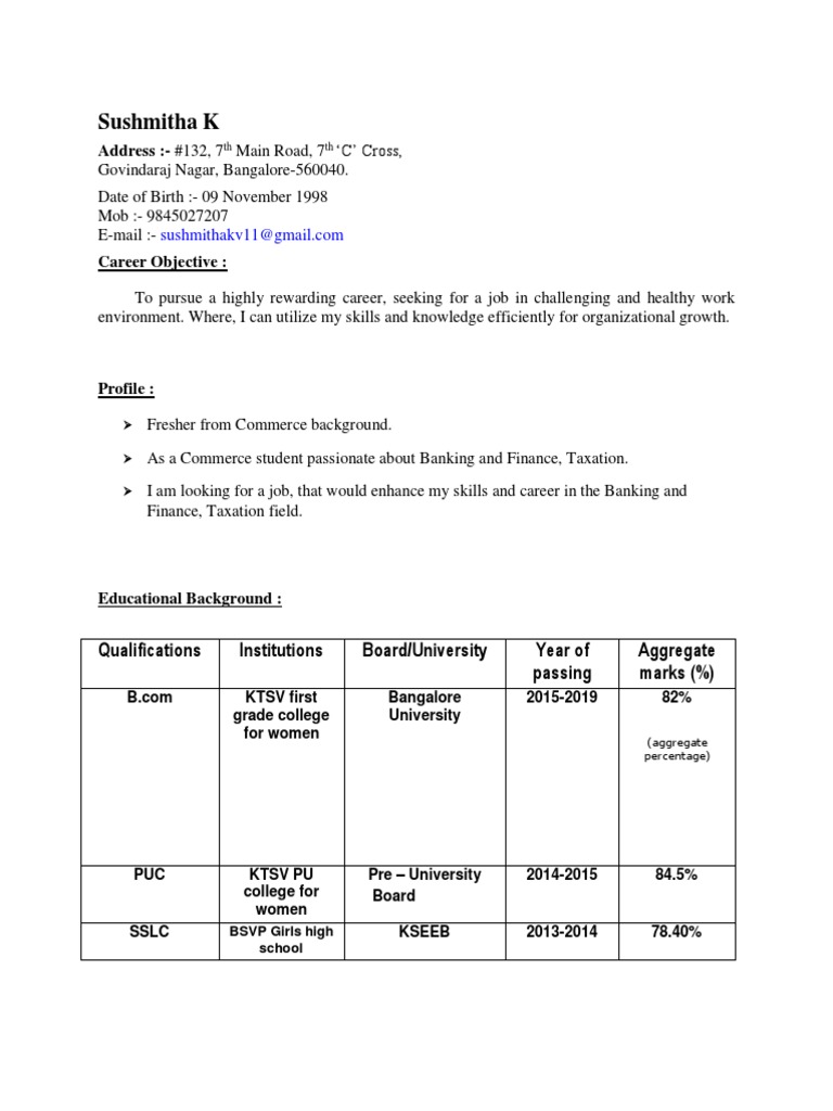 Sushmitha K's Resume Seeking a Career in Banking and Finance | PDF