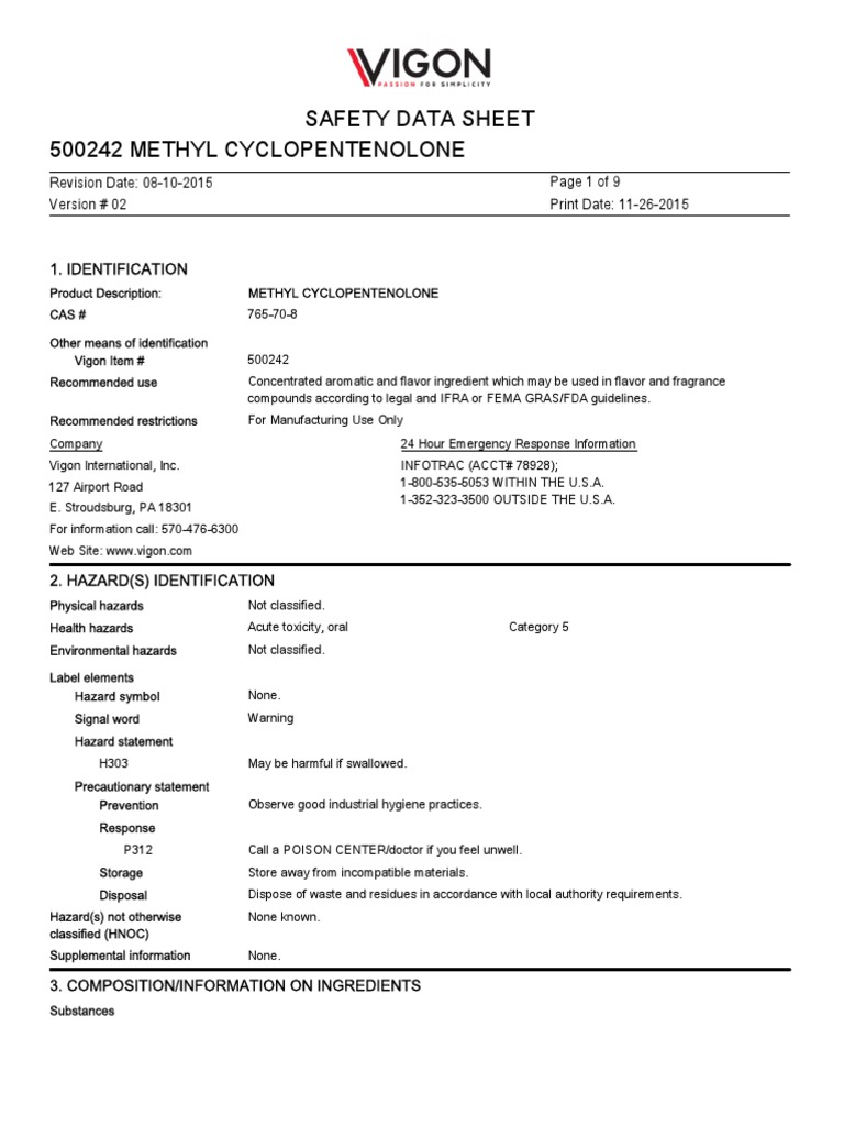 Methyl Cyclopentenolone Maple Lactone SDS | PDF | Dangerous Goods ...