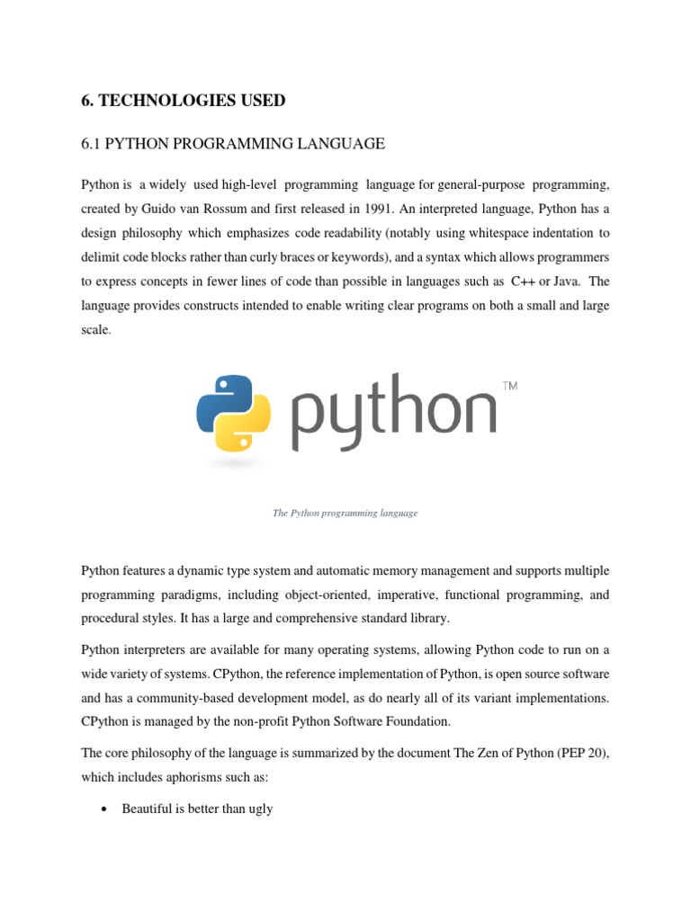Technologies Used: 6.1 Python Programming Language | PDF | Python (Programming Language ...