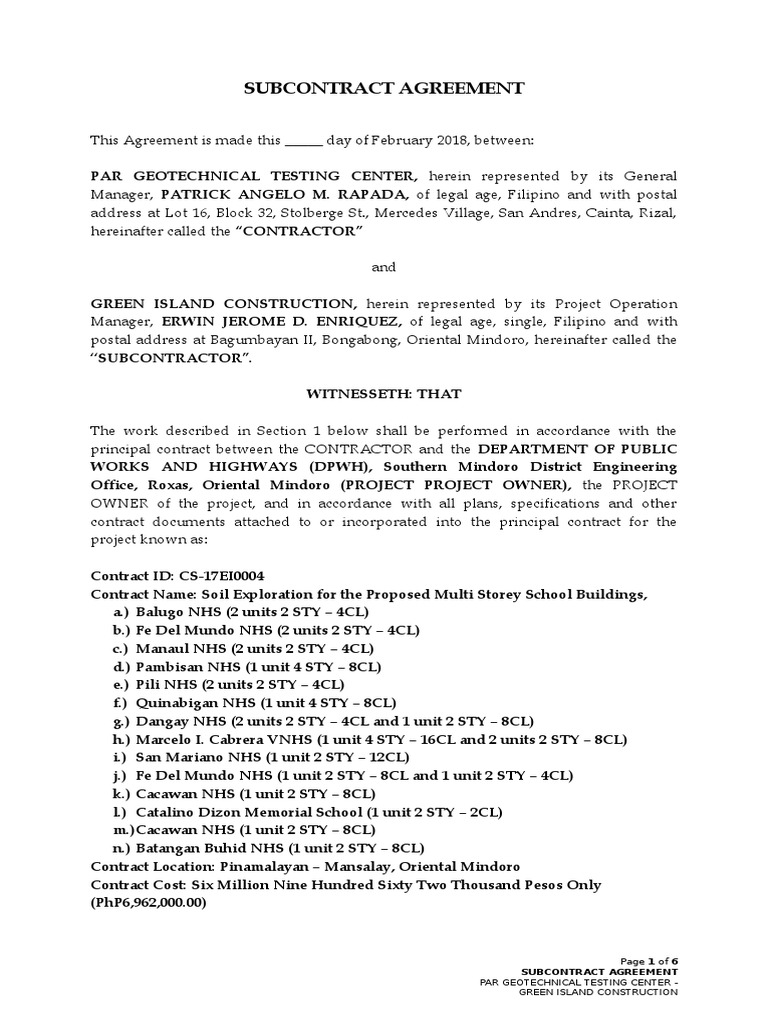 Short Form Subcontract Agreement Soil Testing | Download Free PDF ...