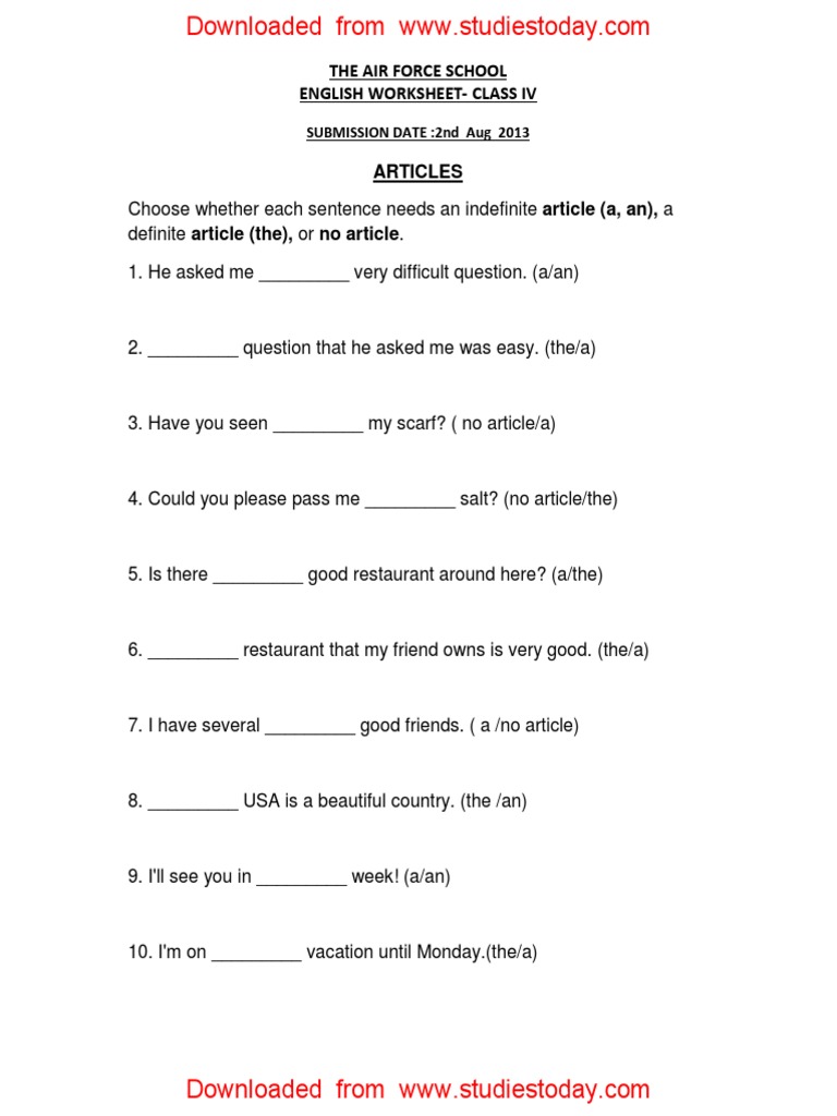 Articles Worksheet for Class 4 | PDF | Career & Growth | Sports ...