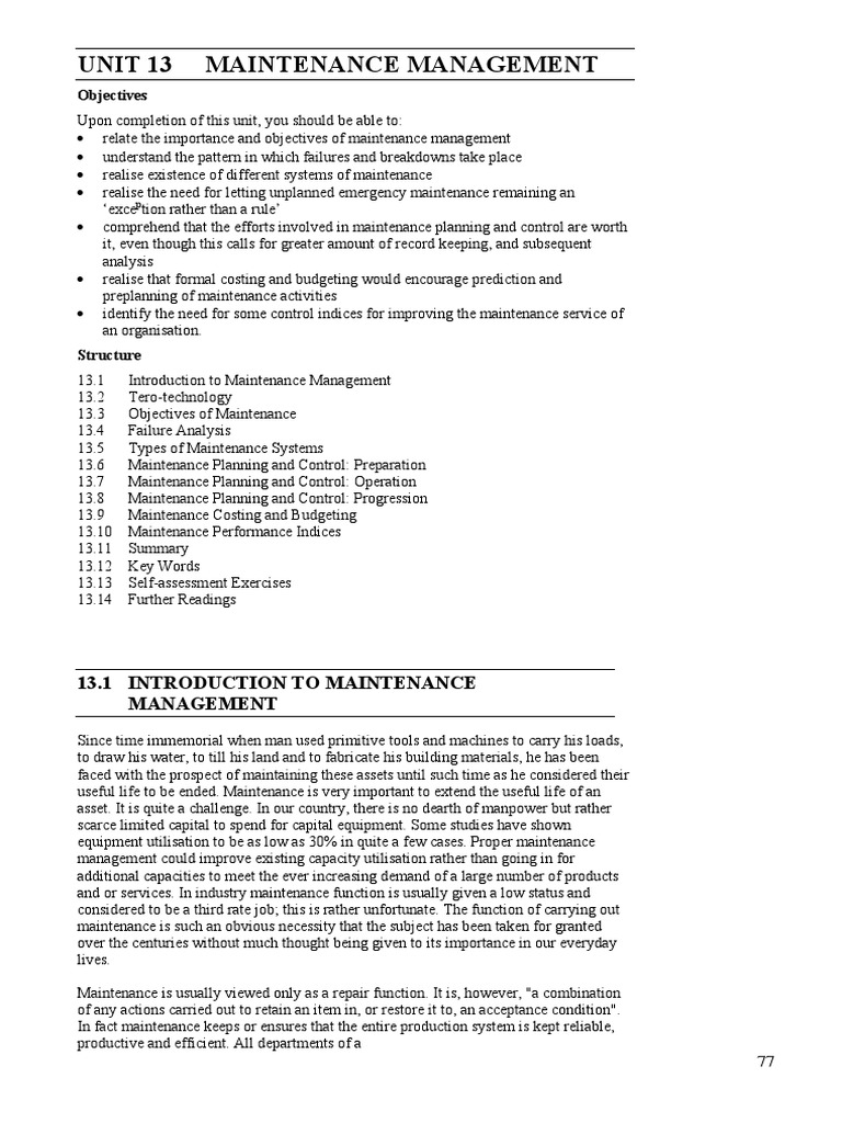 Unit 13 Maintenance Management: Objectives | PDF | Reliability ...