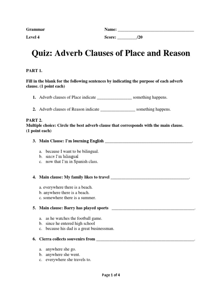 Adverb Clauses Quiz for Level 4 | PDF | Sentence (Linguistics) | Adverb