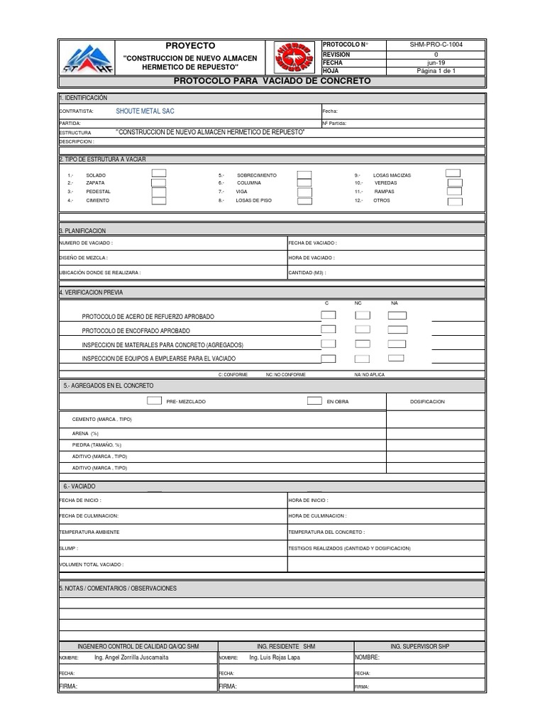 Protocolo SHM Pro C 1004 Vaciado Concreto | PDF | Material compuesto | Hormigón