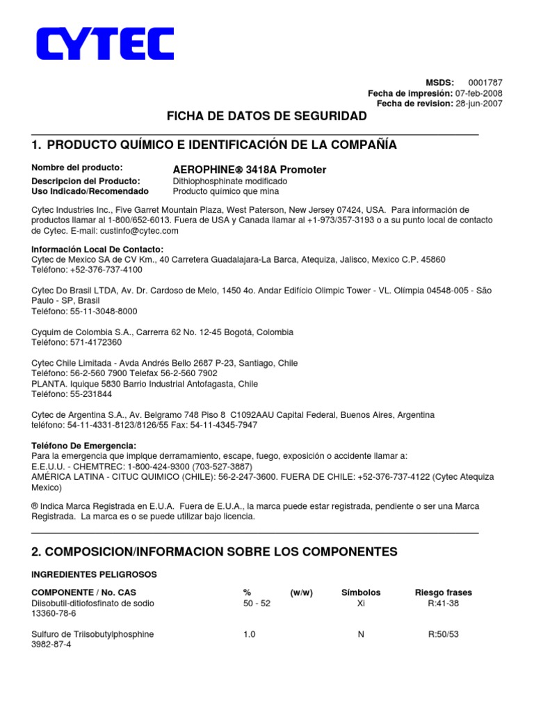Cytec: Ficha De Datos De Seguridad 1. Producto Químico E Identificación De La Compañía | Carbón ...