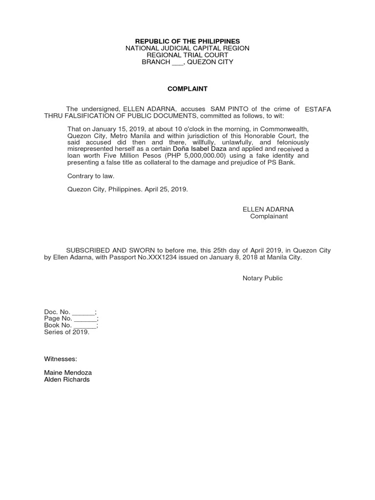 Woman Files Complaint Against Man for Estafa Through Falsification of ...