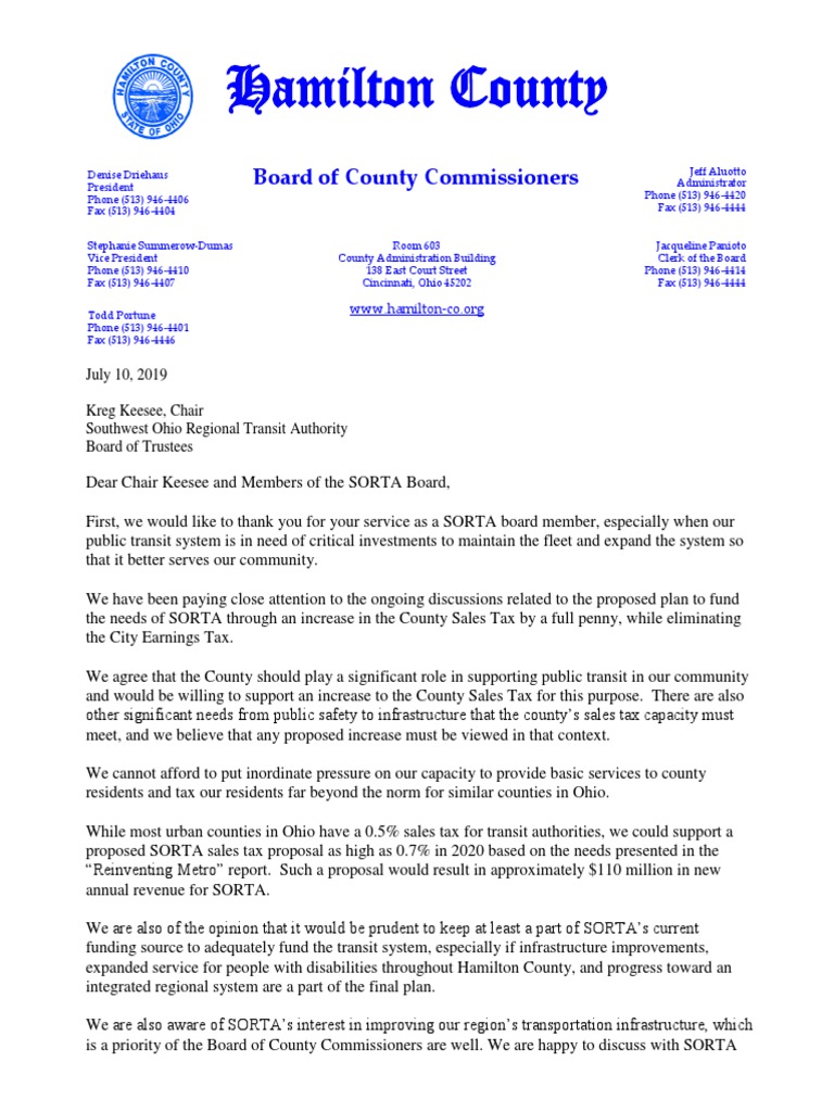 Hamilton County Board of Commissioners Letter | PDF | Taxes | Economies
