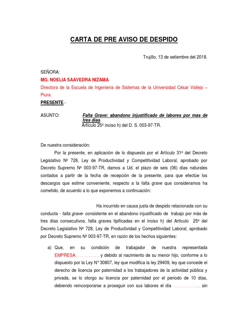 carta de preaviso de despido | Instituciones sociales | Ciencias sociales