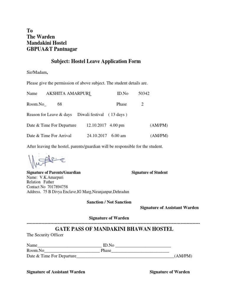 Diwali Leave Application for Hostel | PDF