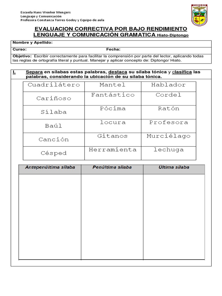 Evaluacion Lenguaje Y Comunicación Gramatica Forma A Pdf Sílaba Vocal