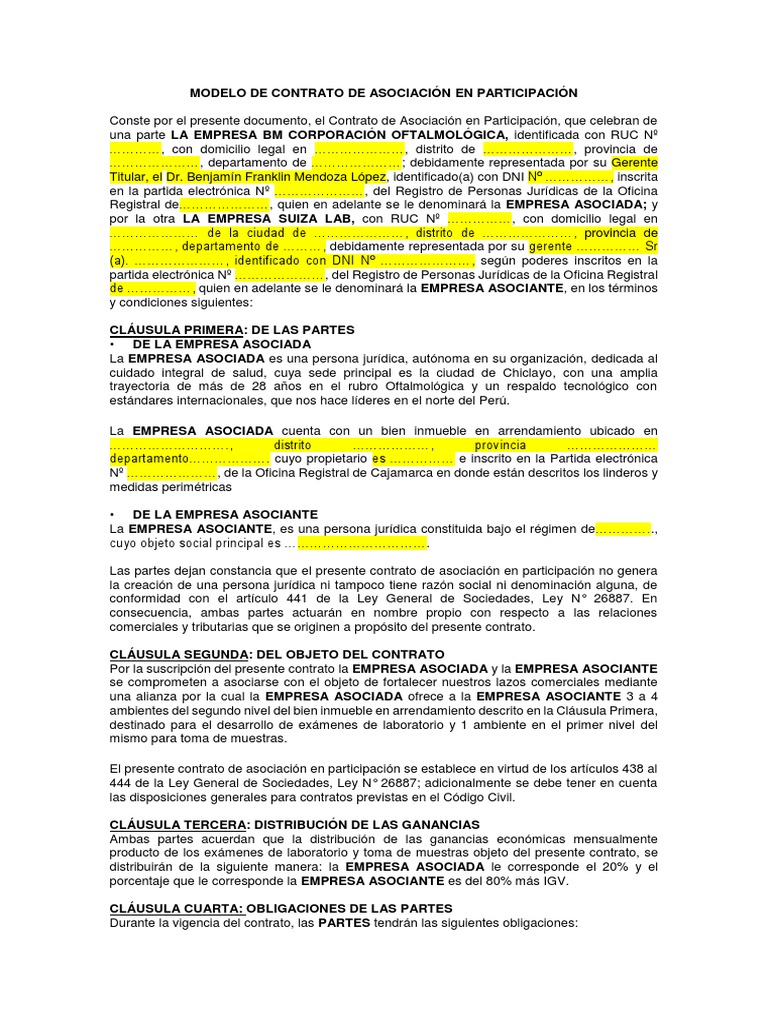 Modelo de Contrato de Asociacion en Participacion | PDF | Estatuto ... Modelo de Contrato de Asociacion en Participacion | PDF | Estatuto ...