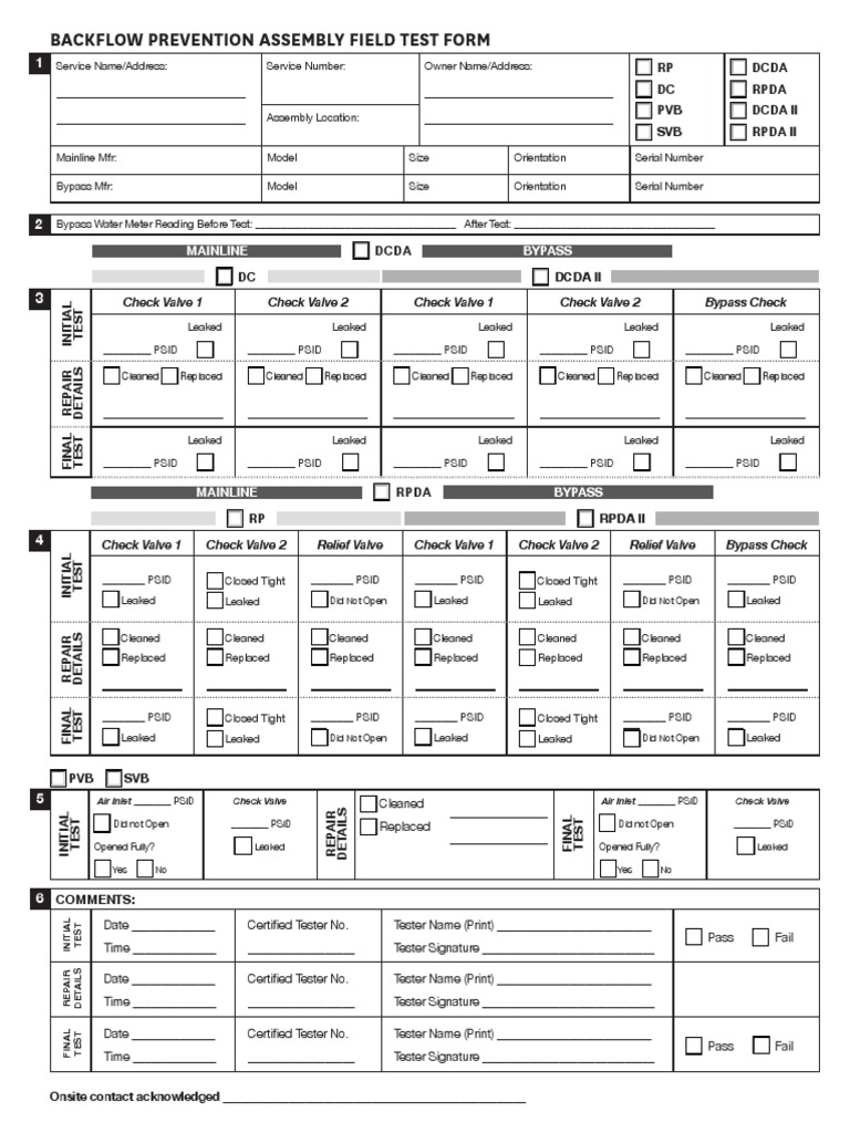 Backflow Prevention Assembly Field Test Form: Mainline Bypass | PDF ...
