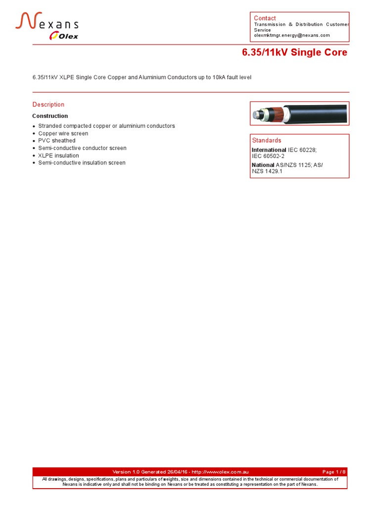Olex 6.35/11kV Cable Specifications | PDF | Electrical Resistance And ...