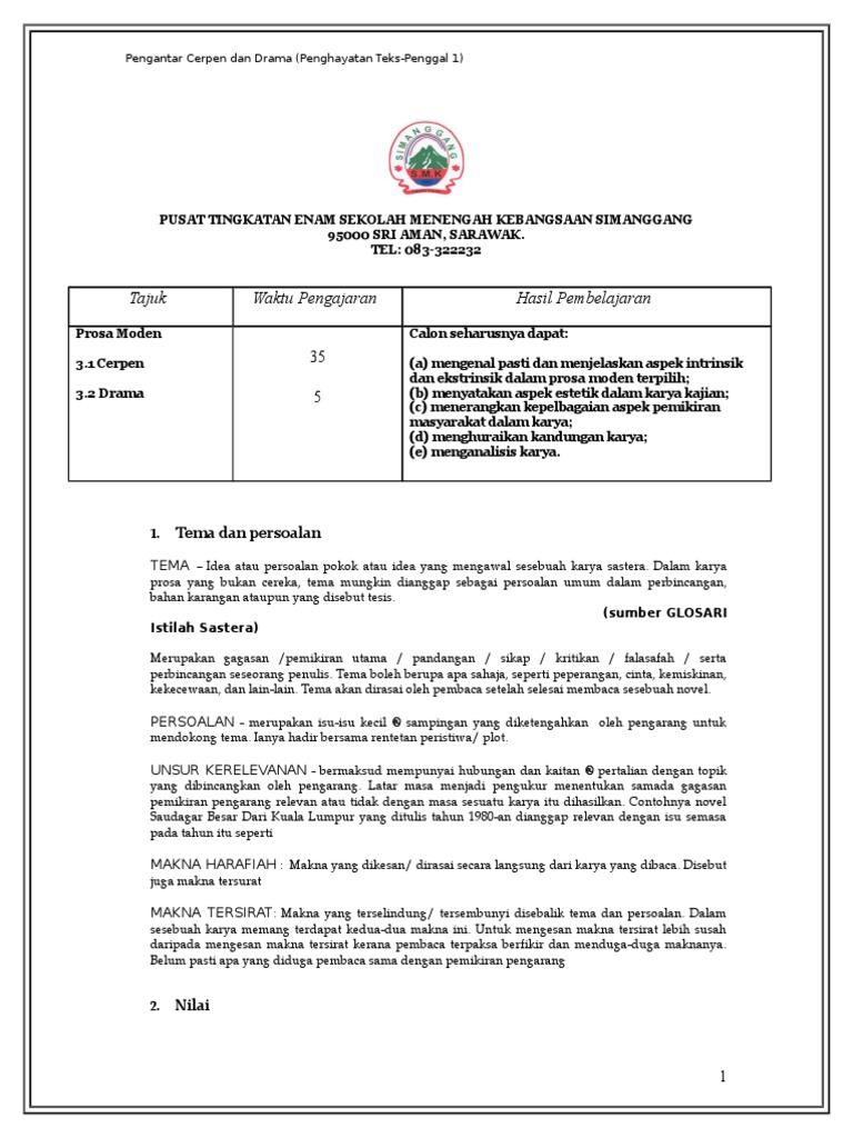 Kajian Cerpen Dan Drama KMK Semester 1 | PDF