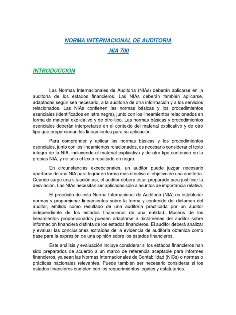 NIA 700- Normativa sobre la formación de la opinión del auditor sobre ...