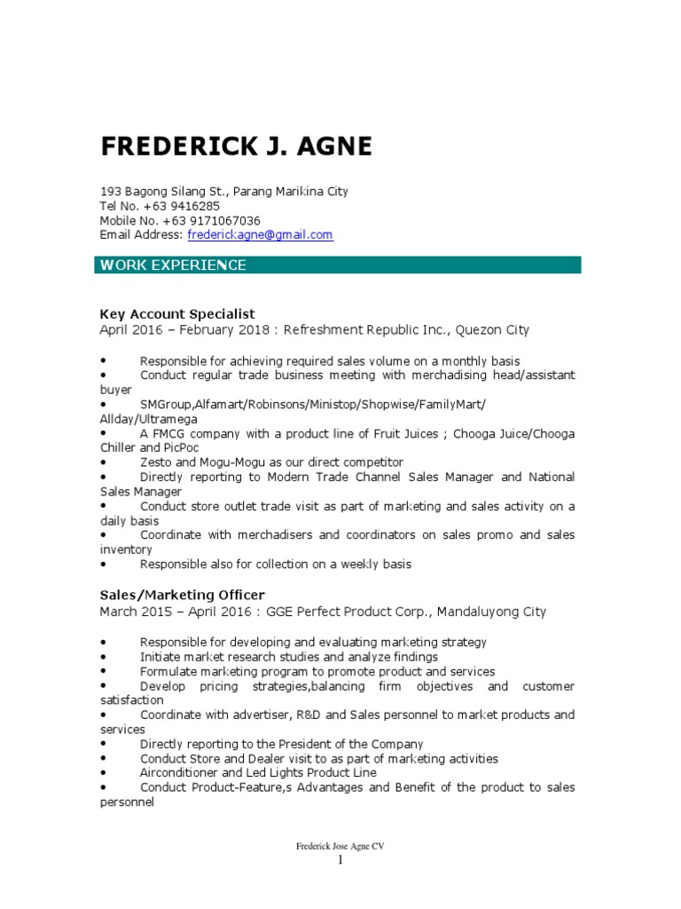 CV - Frederick Agne 1-2018 | PDF | Sales | Industrial Engineering
