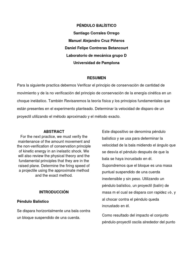 Métodos para medir velocidad en péndulo balístico | PDF | Péndulo | Masa