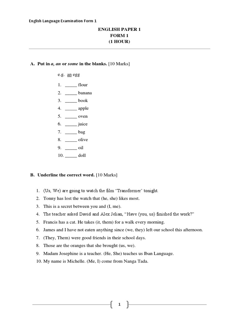 English Paper 1 Form 1 (1 HOUR) | PDF | Foods | Cooking