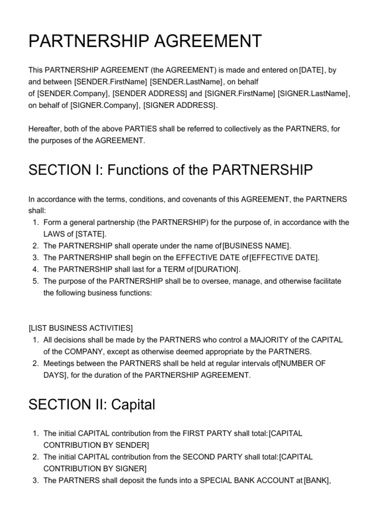 Partnership Agreement: SECTION I: Functions of The PARTNERSHIP | PDF ...