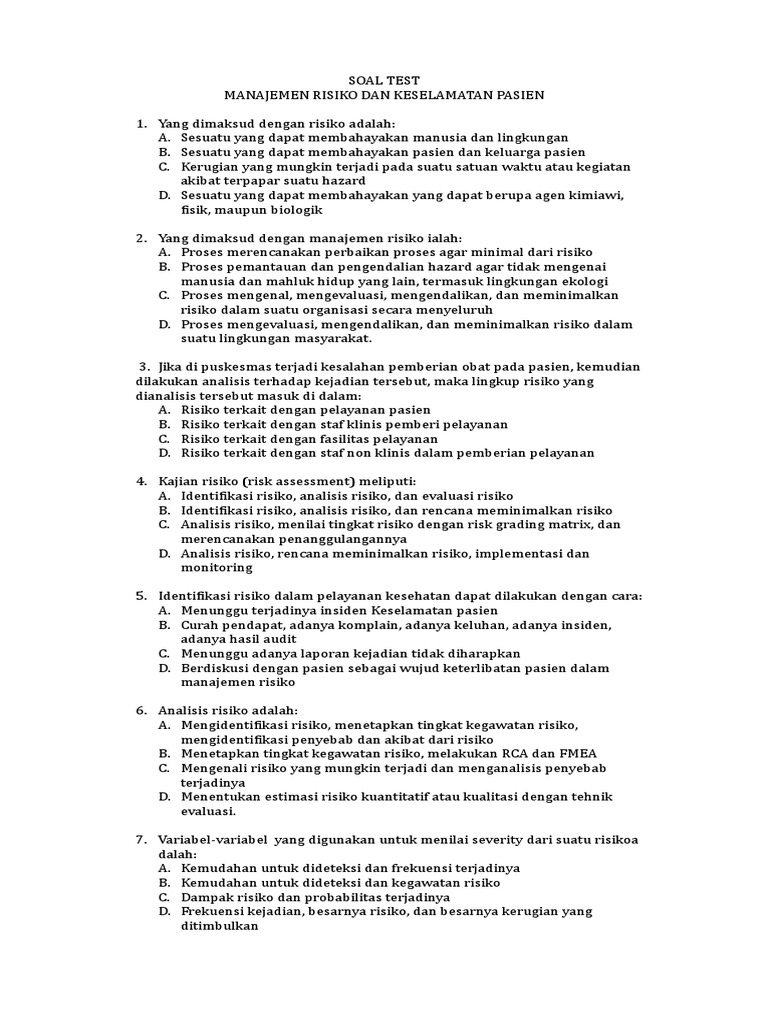 Soal Pre Post Test Manajemen Risiko Dan Jawabannya | PDF