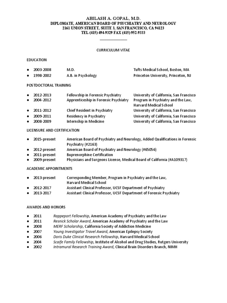 Abilash A. Gopal, M.D | PDF | Psychiatry | Residency (Medicine)