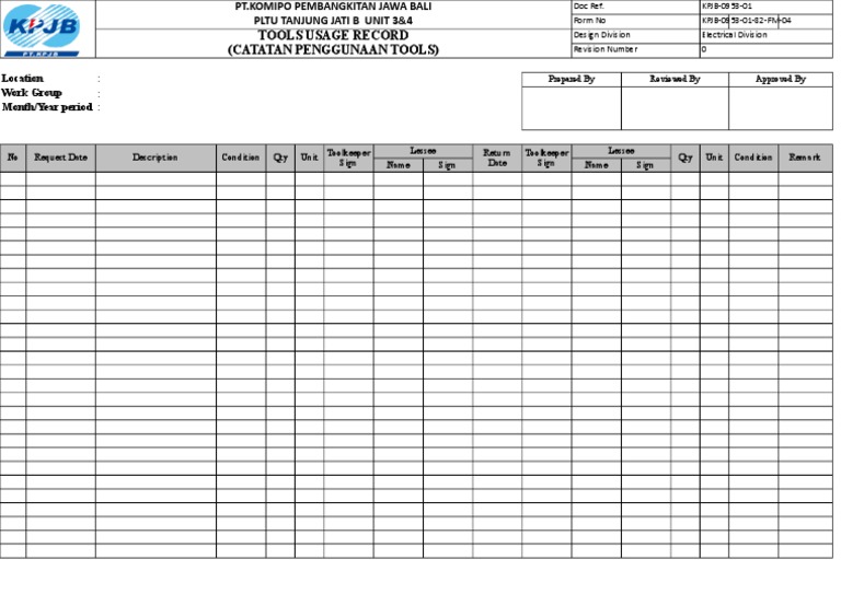 Tools Usage Record (Catatan Penggunaan Tools) : Location: Work Group ...