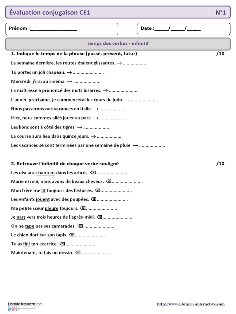 Évaluations de conjugaison CE1 | PDF | Conjugaison | Verbe