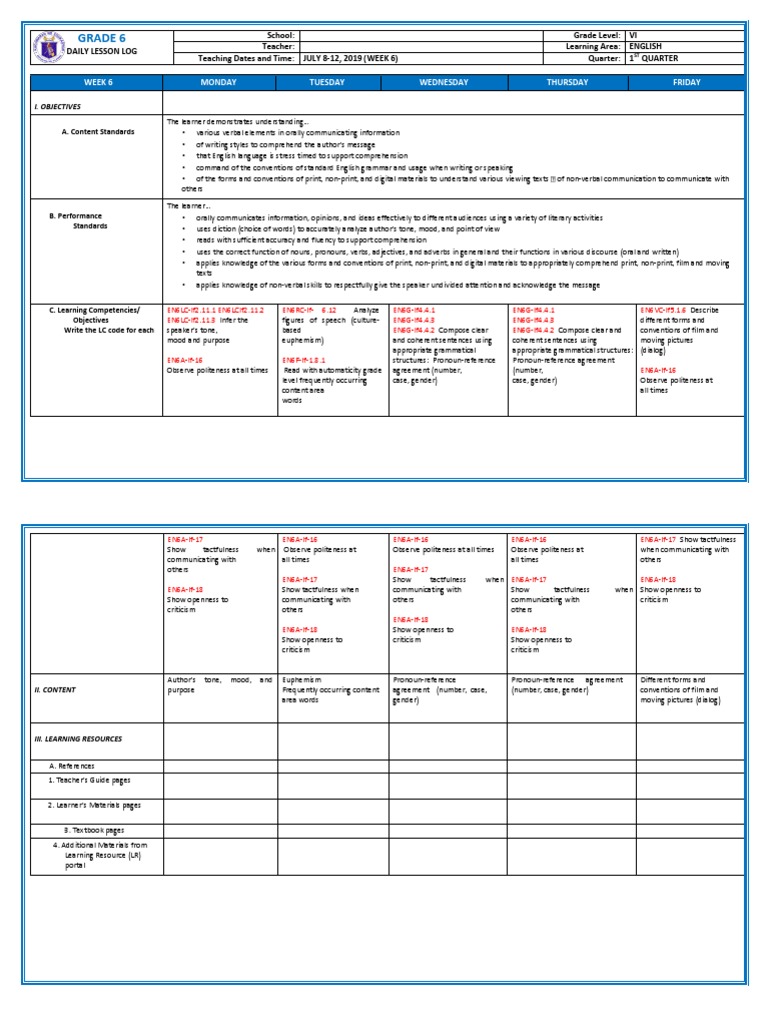Grade 6 English Lesson Plan Week 6 | PDF | Reading Comprehension ...