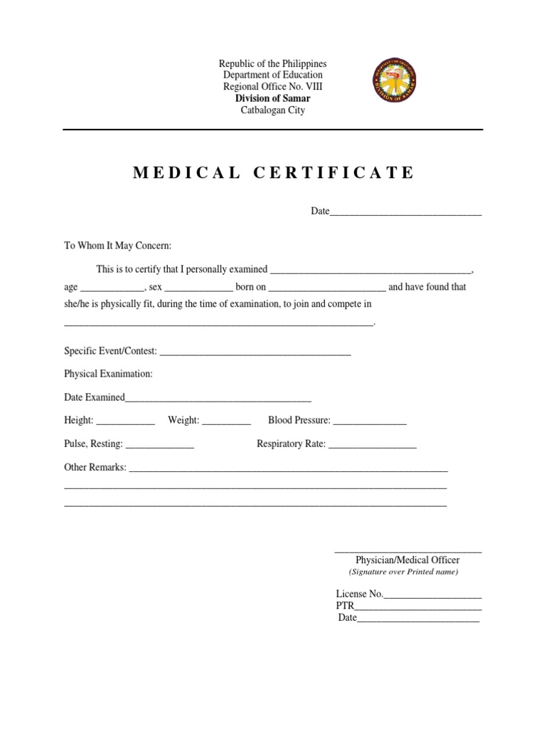 Medical Certificate: Division of Samar | PDF