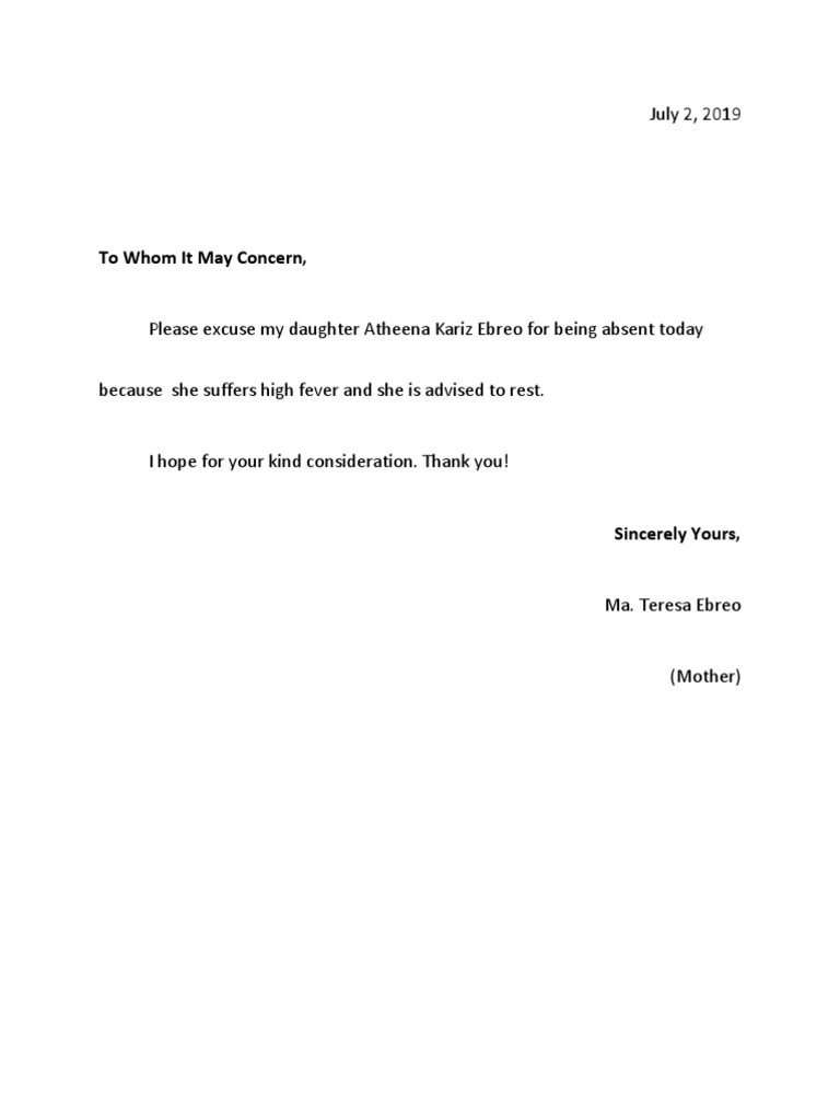 Absence Excuse for Atheena Ebreo | PDF