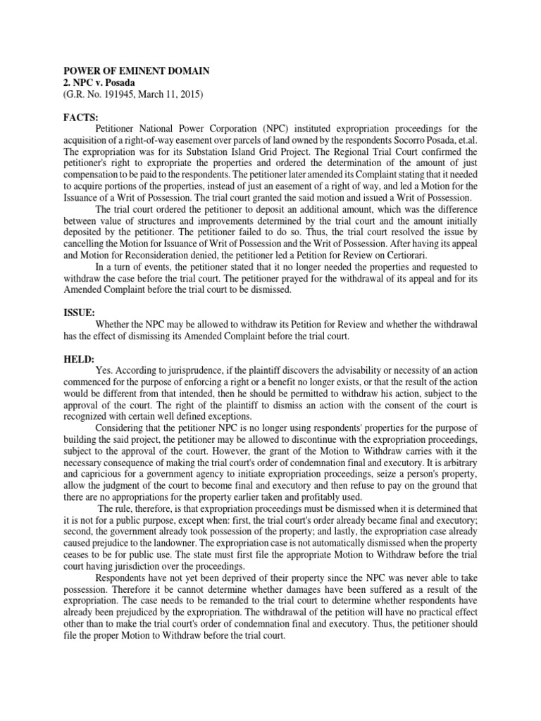 Power of Eminent Domain - 2. NPC v. Posada | PDF | Eminent Domain ...