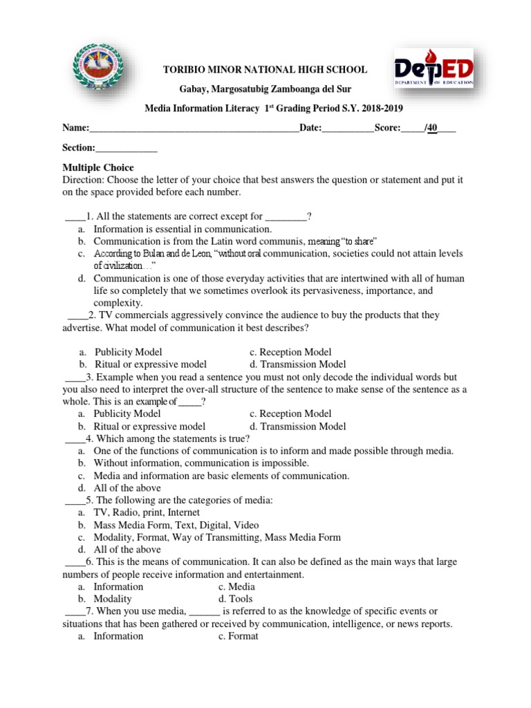 Grade 12 MIL Exam | Mass Media | Literacy