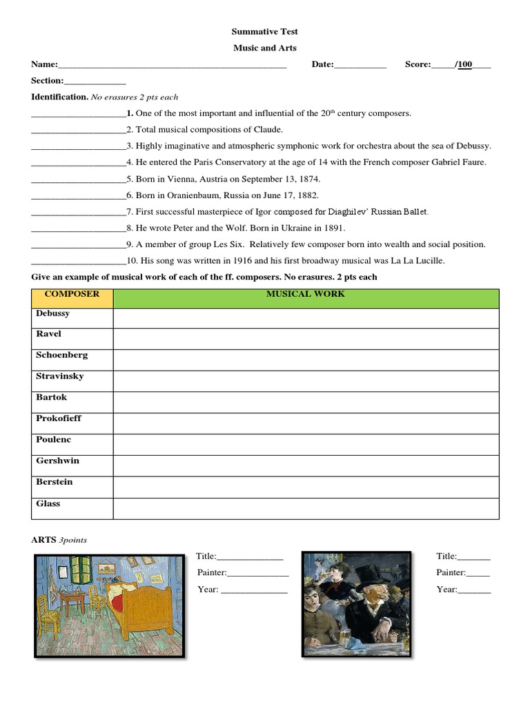Music and Arts Summative Test | PDF | Claude Debussy | Composers
