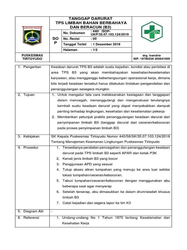 Sop Tanggap Darurat Penyimpanan Limbah B3 | PDF
