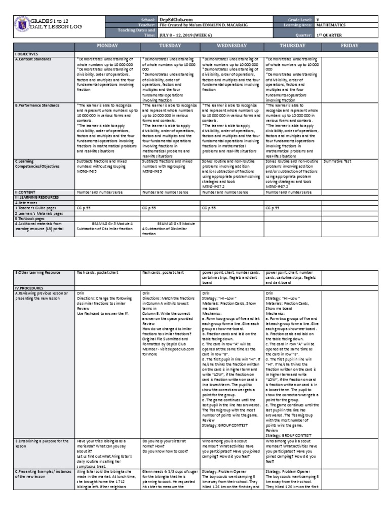 DLL Mathematics 5 q1 w6 | PDF | Teachers | Fraction (Mathematics)