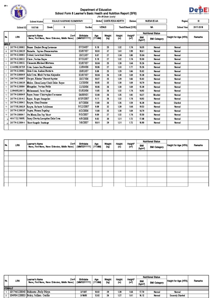 Department of Education School Form 8 Learner's Basic Health and ...