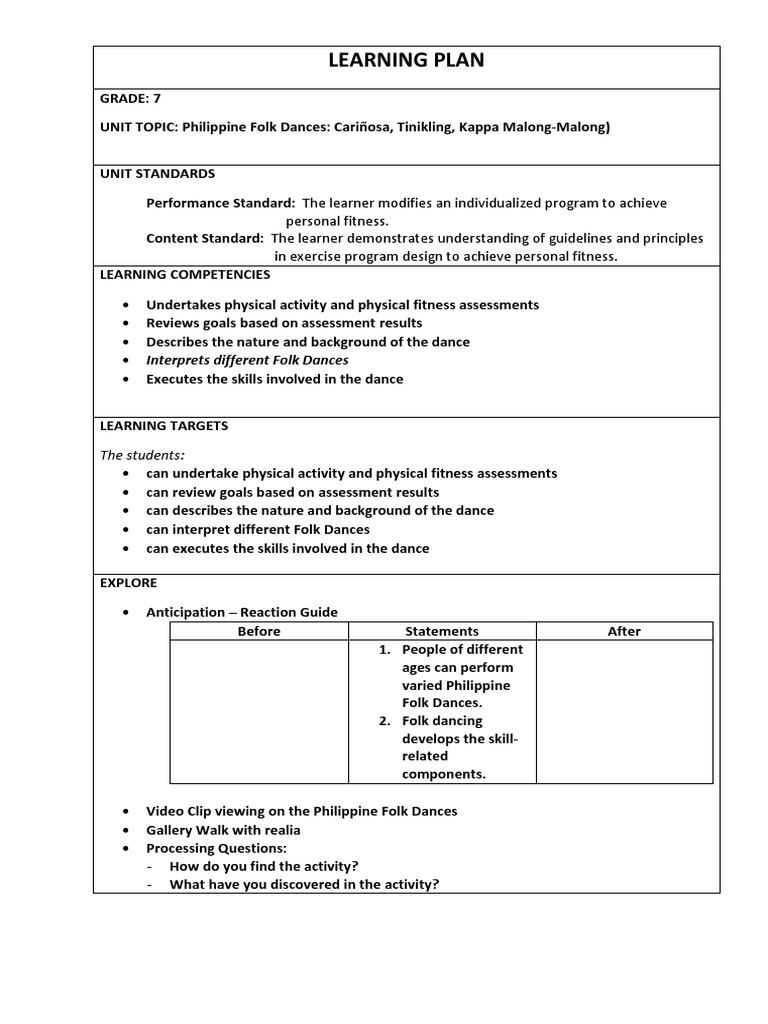 EFDT Learning Plan | PDF | Educational Assessment | Dances
