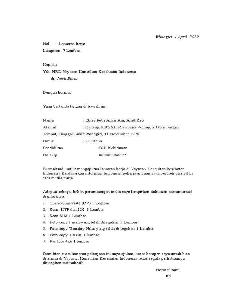 Contoh Lamaran Kerja | PDF