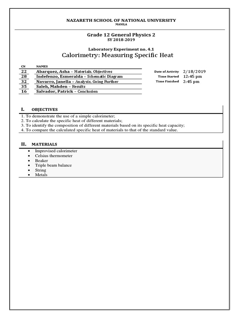 Calorimetry: Measuring Specific Heat: Grade 12 General Physics 2 | PDF ...