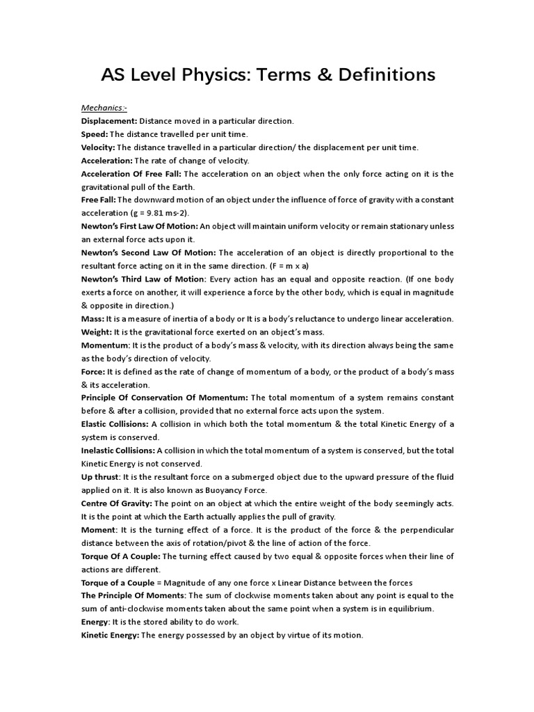 AS Level Physics: Key Terms & Concepts | PDF | Waves | Electrical ...