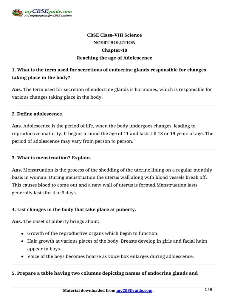 Class 8th Chapter 10 Solution | PDF | Puberty | Menstrual Cycle
