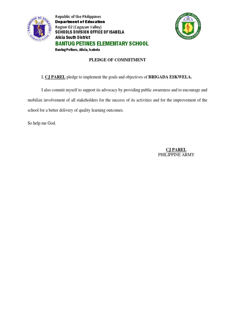 Pledge of Commitment to Support Brigada Eskwela Goals and Activities by ...