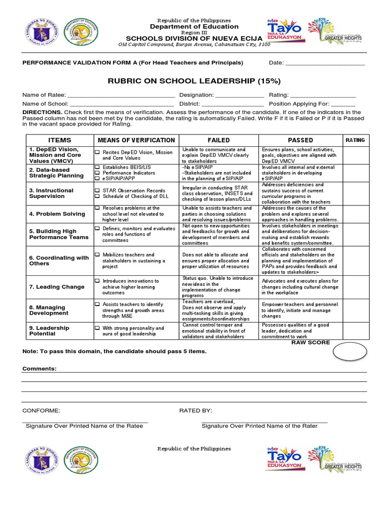 Rubrics Onsite Performance Evaluation | PDF | Teachers | Leadership