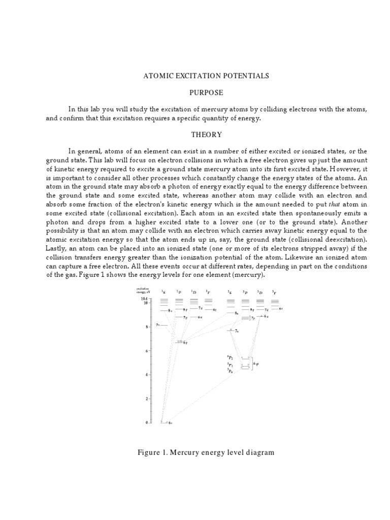 Atomic Excitation Potentials Purpose: Figure 1. Mercury Energy Level ...