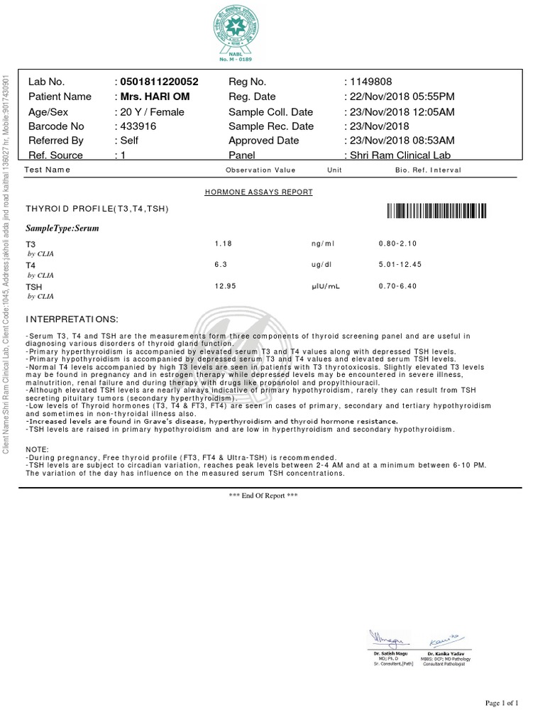 Shri Ram Clinical Lab Thyroid Profile Report | PDF | Thyroid ...