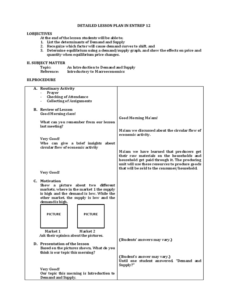 Detailed Lesson Plan in Entrep 12 | PDF | Supply And Demand | Supply ...